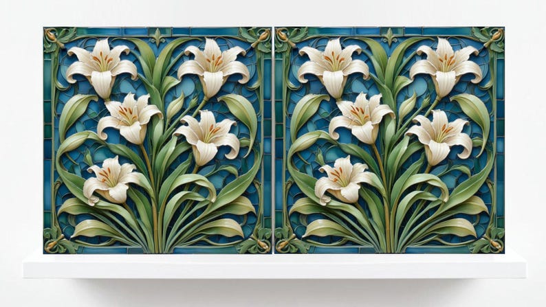 Art Nouveau Lily Flower Ceramic Tiles - Botanical Floral Wall Art Set ...