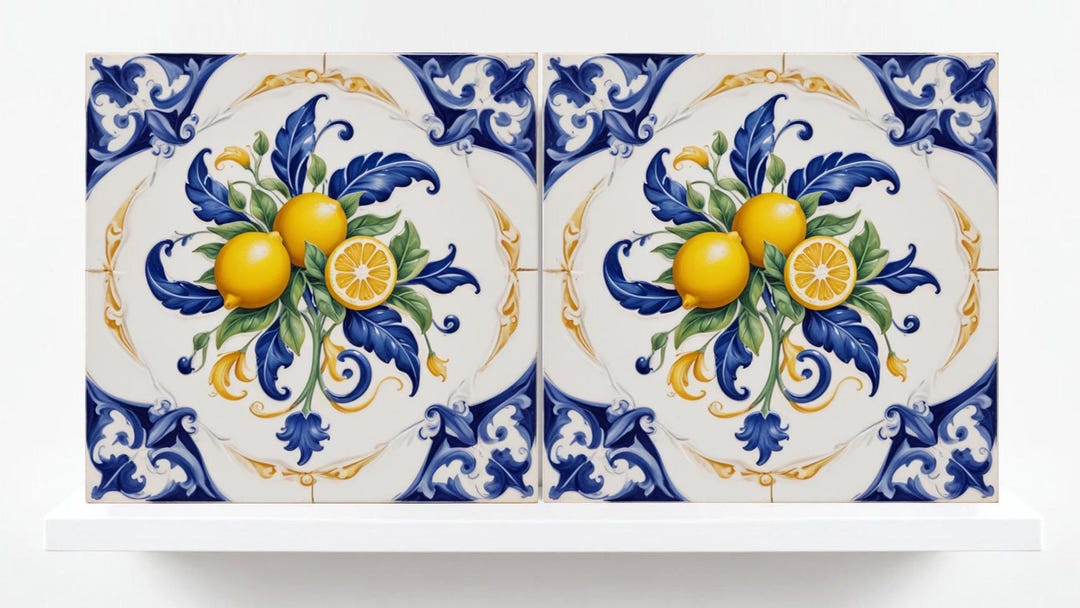 Italian Majolica Lemon Tiles - Set of 2 Mediterranean Wall Decor Tiles ...