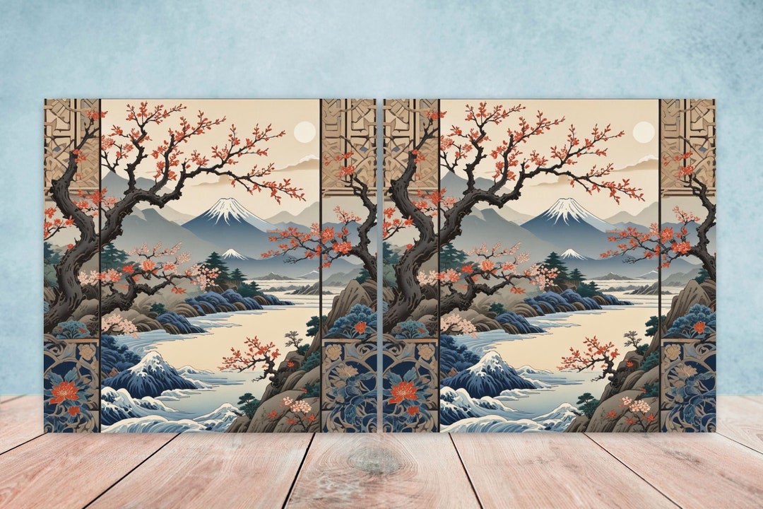 Japanese Landscape Ceramic Tiles: Kitchen Backsplash, Table Decor - Set ...