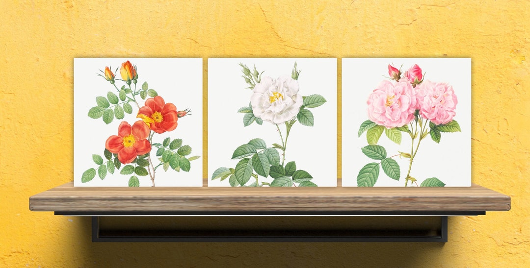 Botanical Print Ceramic Tiles: Vintage Floral Decor, Flower Wall Art ...