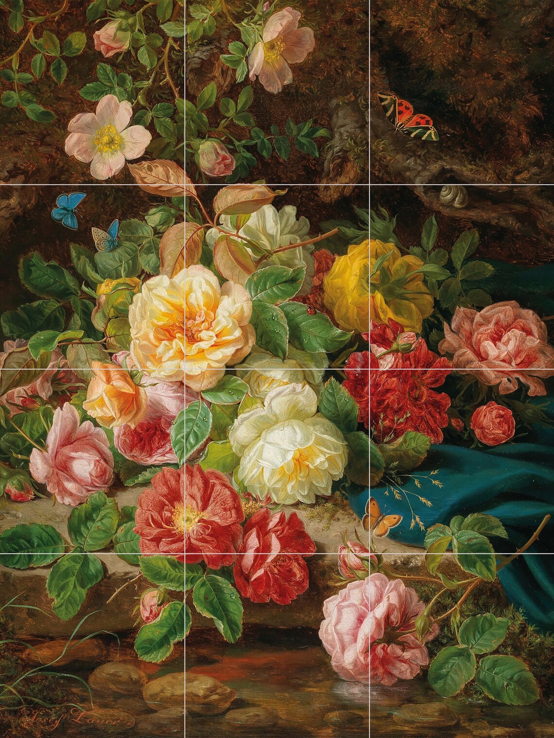 Josef Lauer Roses and Butterflies Tile Mural: Floral Ceramic Panel - Etsy