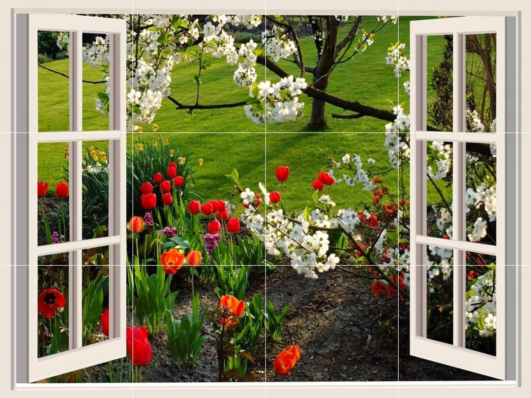 Floral Garden Ceramic Tile Mural: Window View Wall Art - Etsy