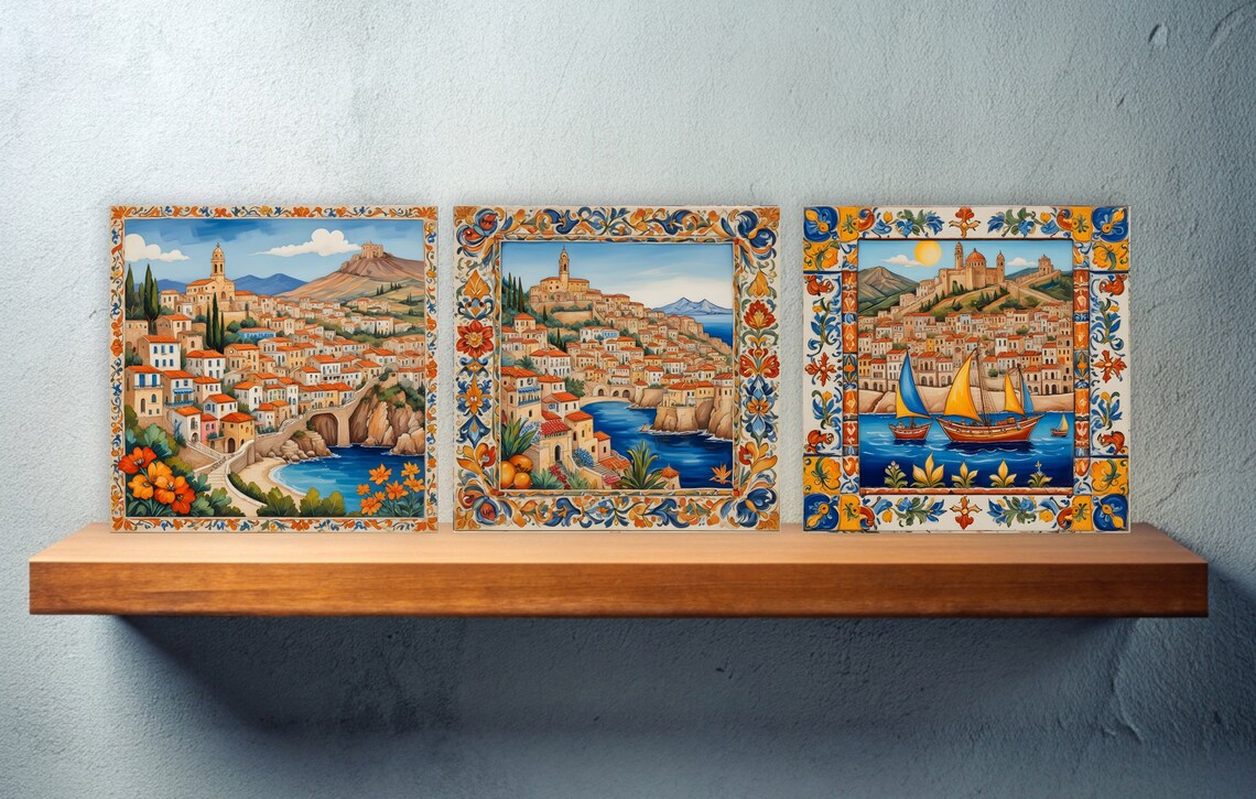Sicilian Ceramic Tiles - Set of 3 Mediterranean Kitchen Backsplash ...
