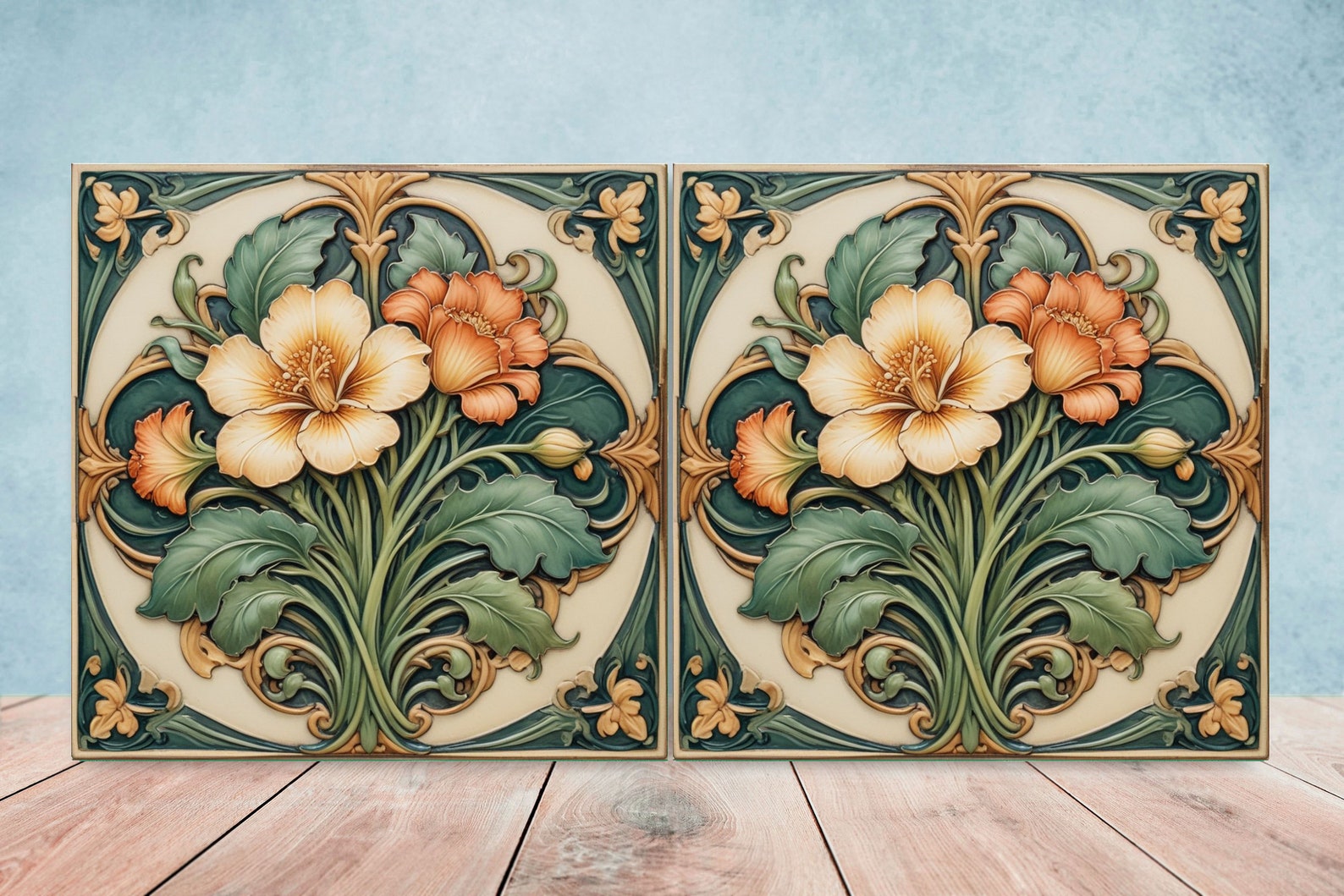 Art Nouveau Flower Ceramic Tiles Set of 2 Art Nouveau Flowers Wall ...