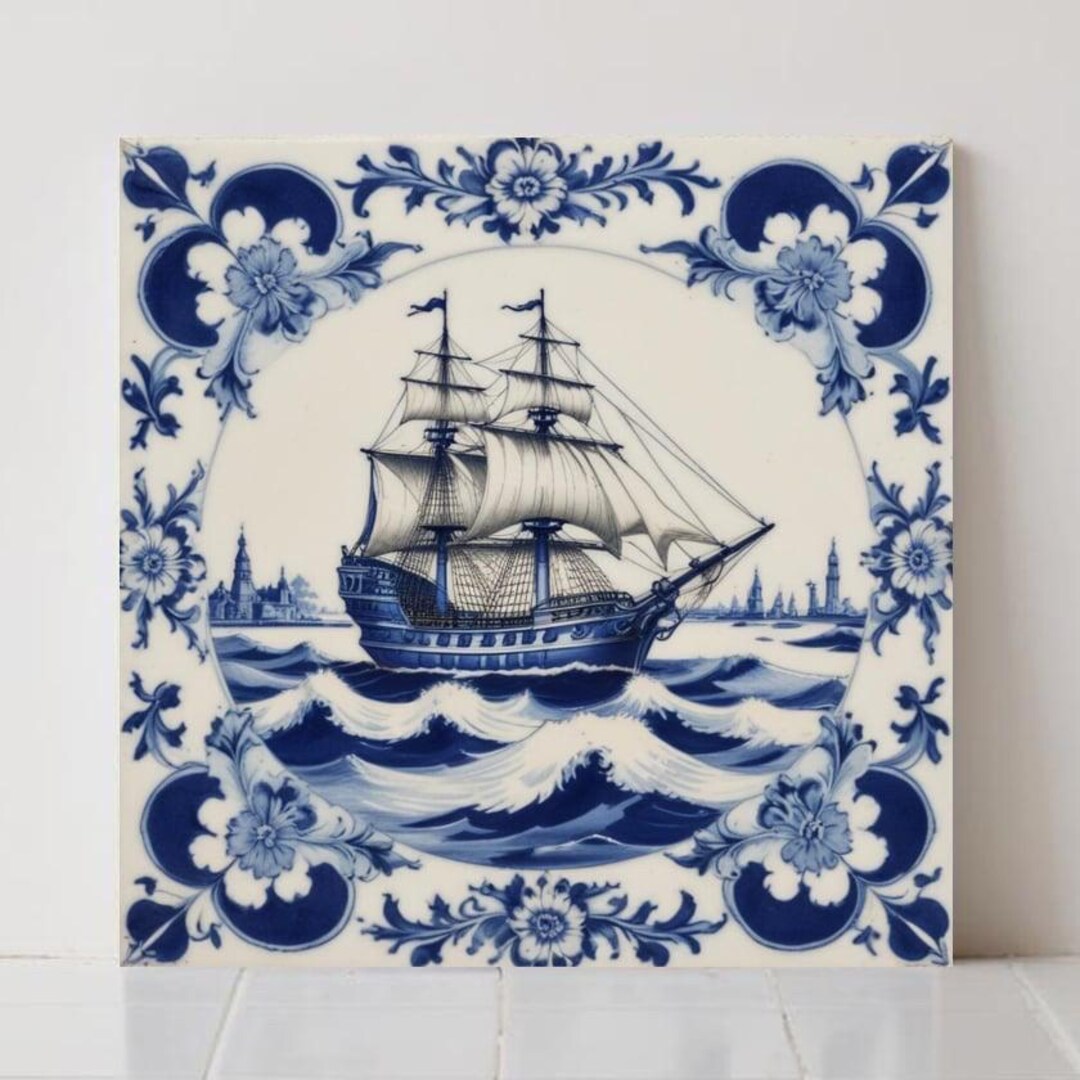 Delft Blue Ship Ceramic Tile – Nautical Kitchen Backsplash, Wall Art - Etsy