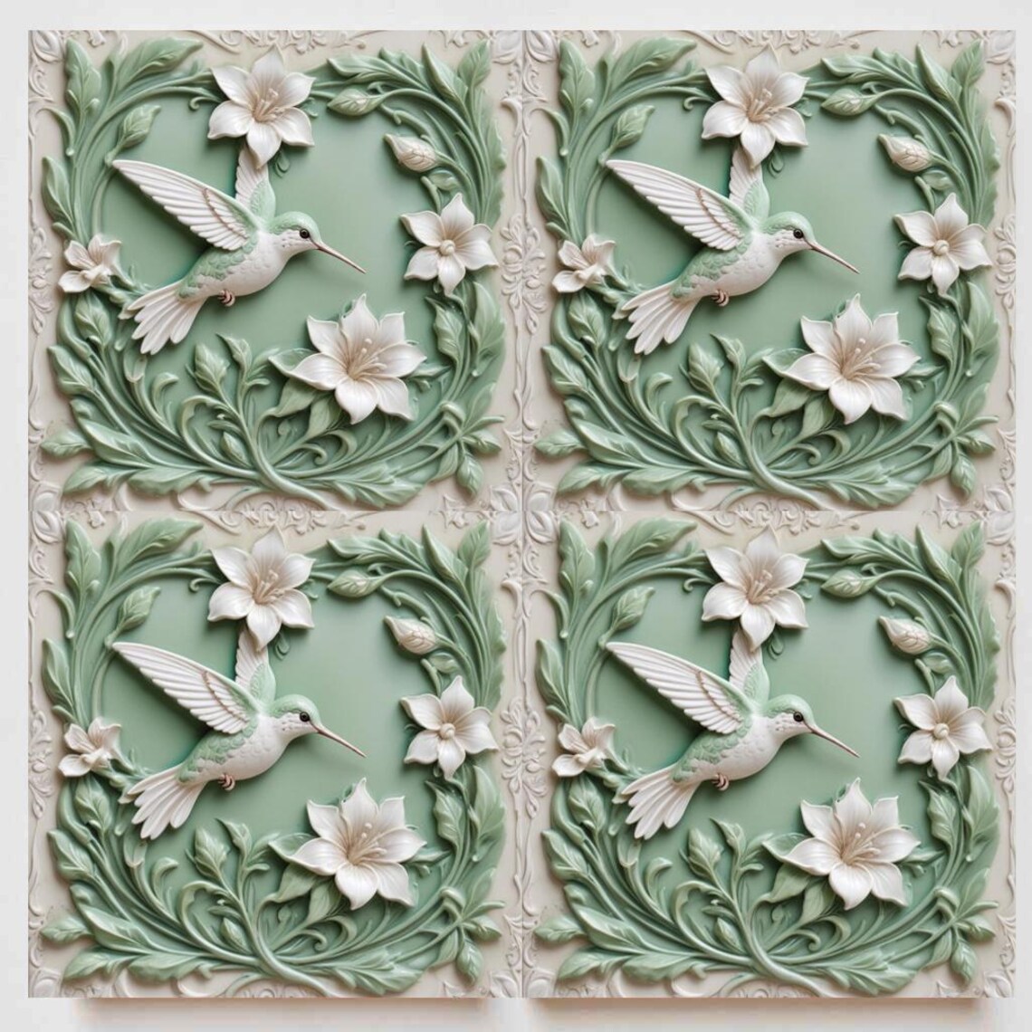 Art Nouveau Hummingbird Ceramic Tiles: Pastel Bird Wall Decor, Set of 2 ...