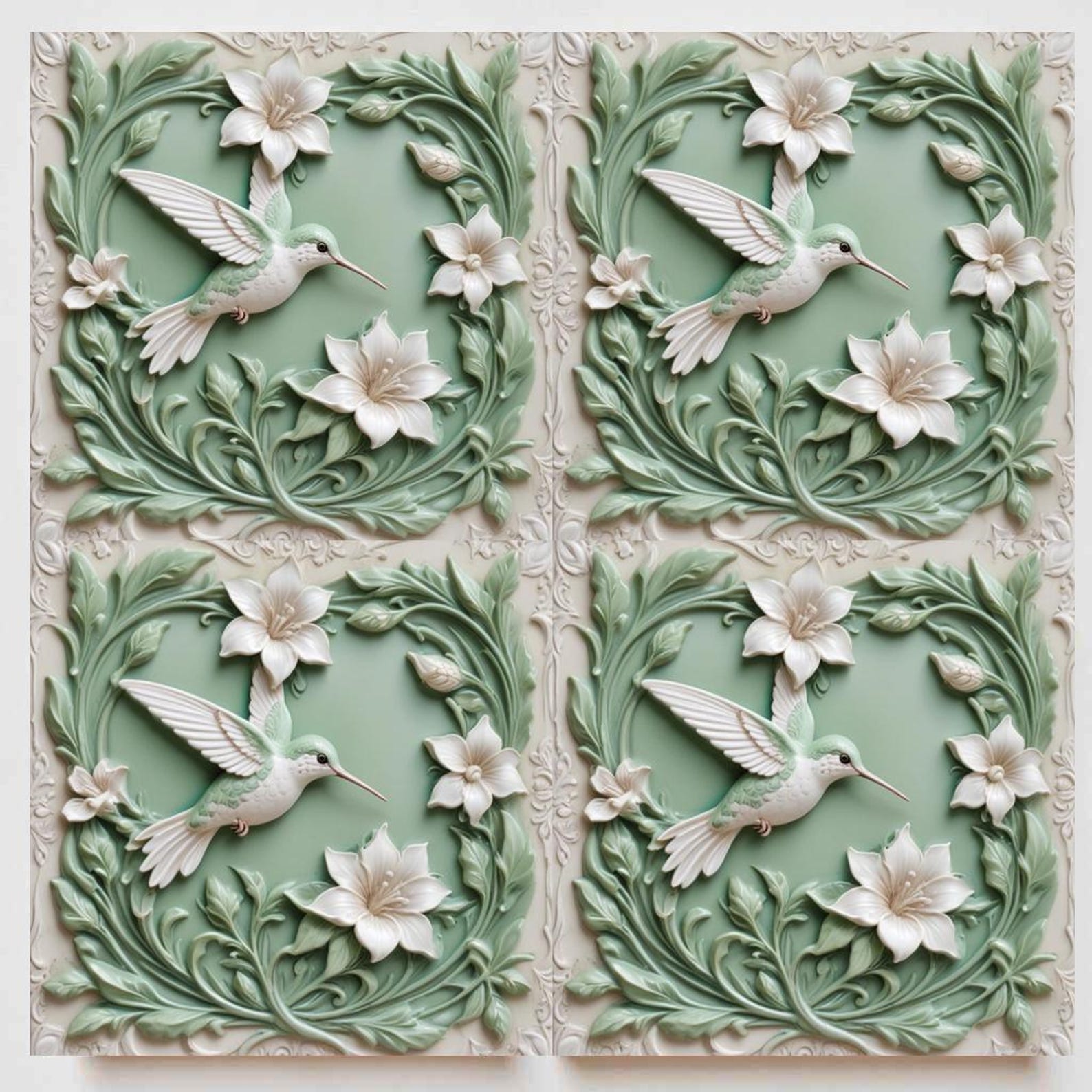 Art Nouveau Hummingbird Ceramic Tiles: Pastel Bird Wall Decor, Set of 2 ...