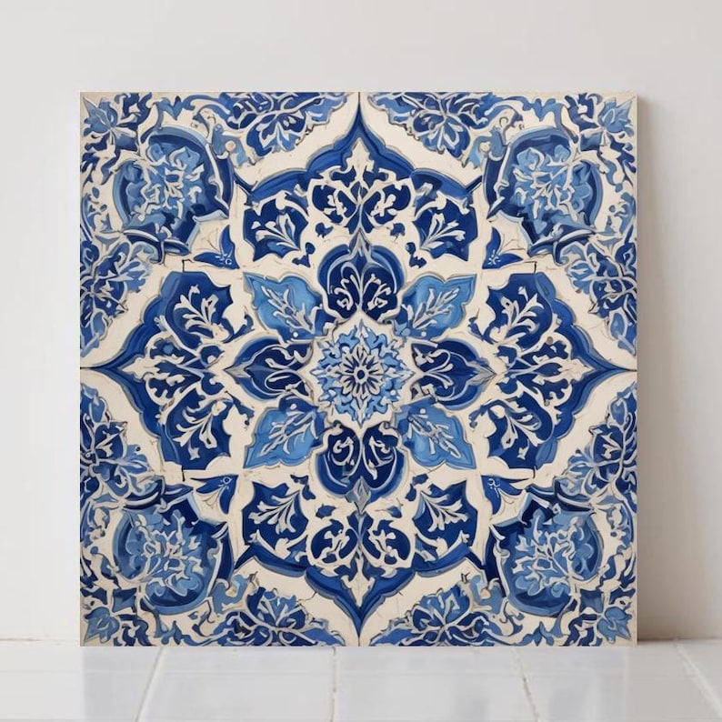 Arabic Blue Arabesque Ceramic Tile – Moroccan Floral Wall Art ...