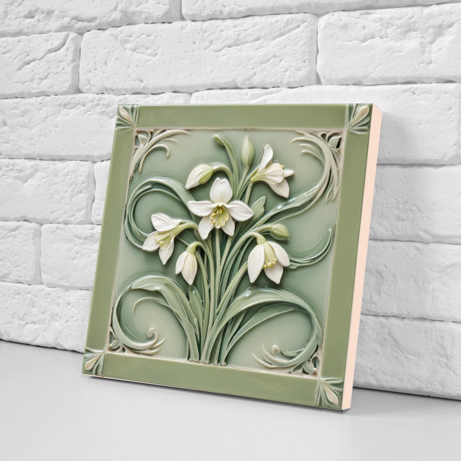 Snowdrop Flower Ceramic Tiles - Set of 2 Green Art Nouveau Wall Decor ...