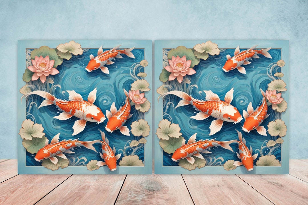 Koi Fish Ceramic Tile - Japanese Tiles -set of 2 Wall Decor Tiles ...