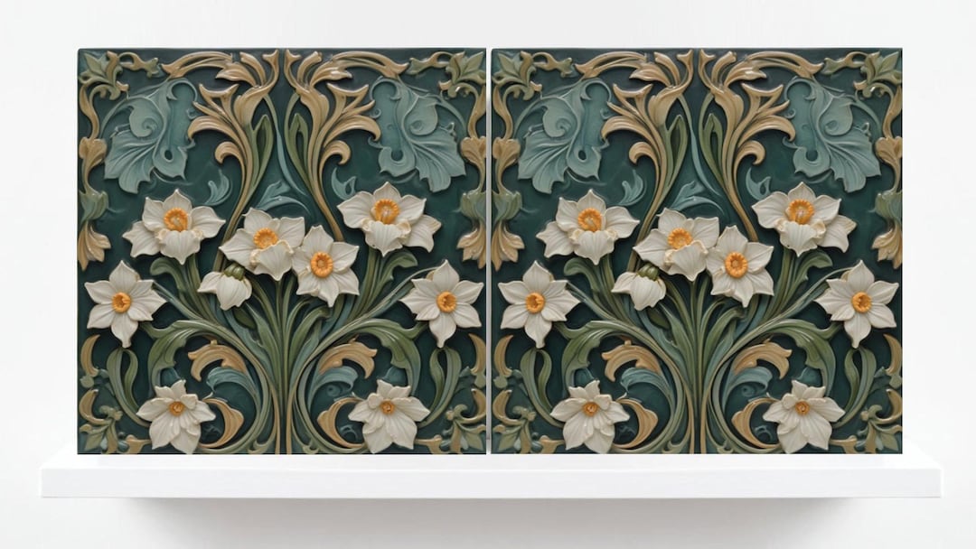 Daffodil Tile Green Art Nouveau Tiles - Set of 2 - Flower Botanical Art ...