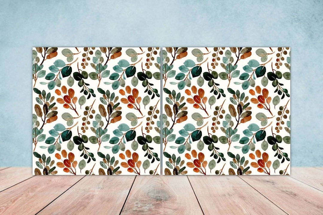 Floral Tiles Watercolor Flowers Leaves Leaf Design -set of 2 Wall Decor ...