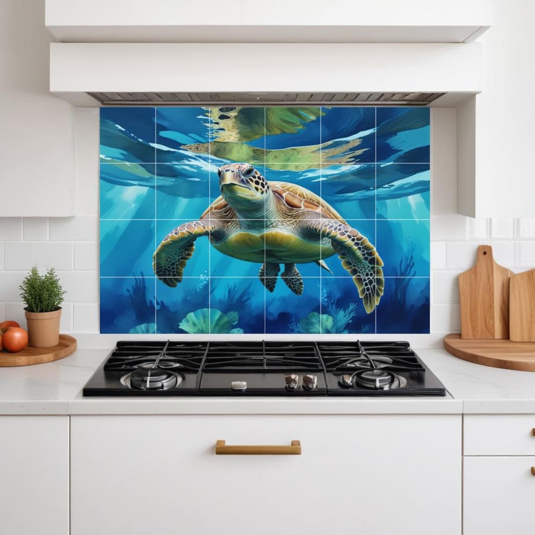 Turtle Tile Mural – Watercolor Ocean Sea Animal Art, Coastal Kitchen ...