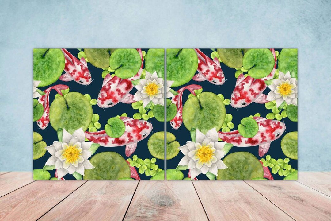 Koi Fish Ceramic Tile Japanese Tiles set of 2 Wall Decor Tiles kitchen ...