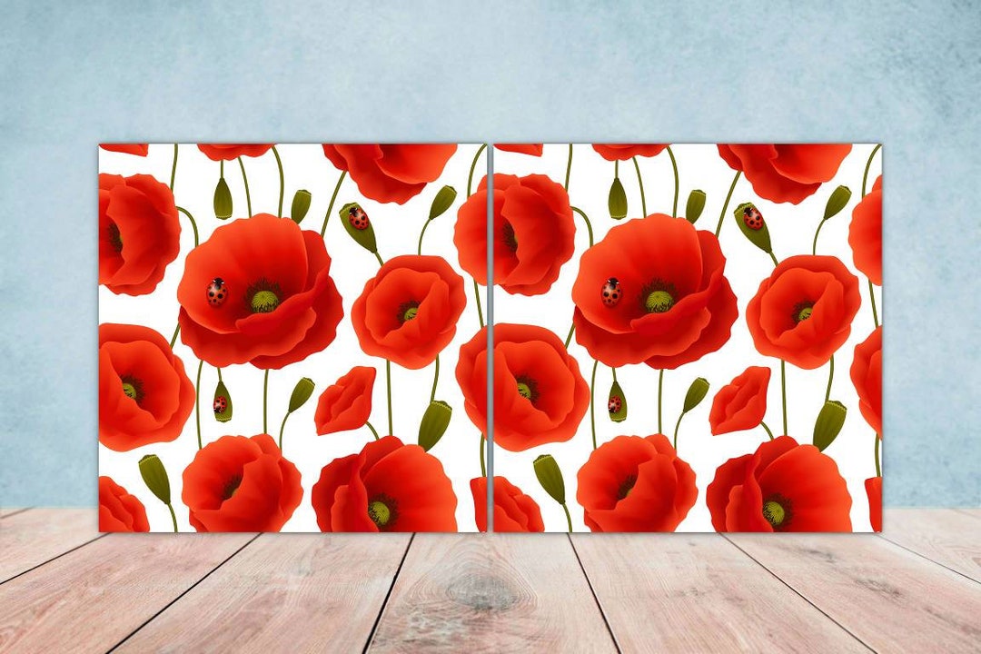 Poppy Flower Ceramic Tiles: Kitchen Backsplash, Table Decor - Set of 2 ...