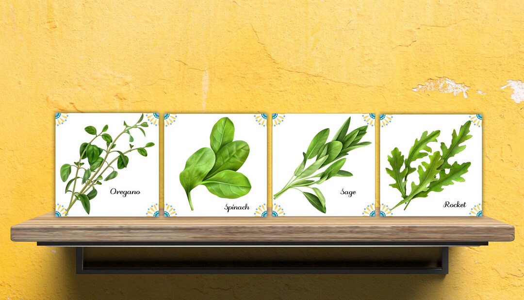 Aromatic Herbs Print Ceramic Tiles - Kitchen Backsplash, Botanical Wall ...