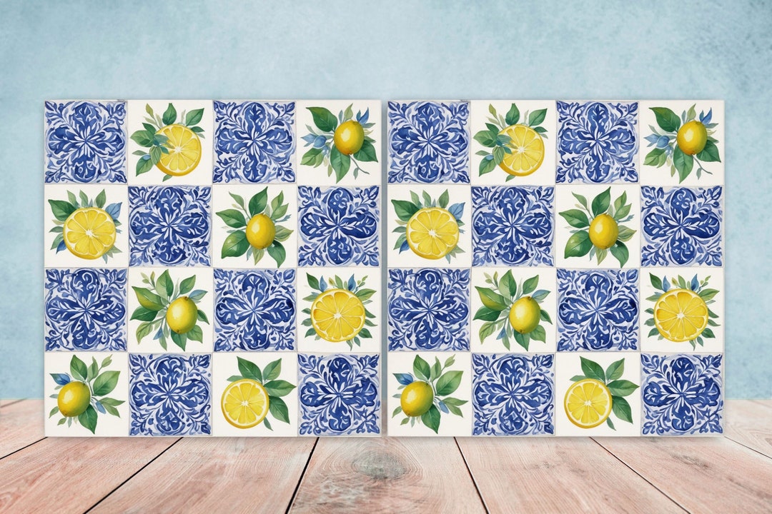Italian Majolica Lemon Tiles Set of 2 Italian Wall Decor Tiles Kitchen ...