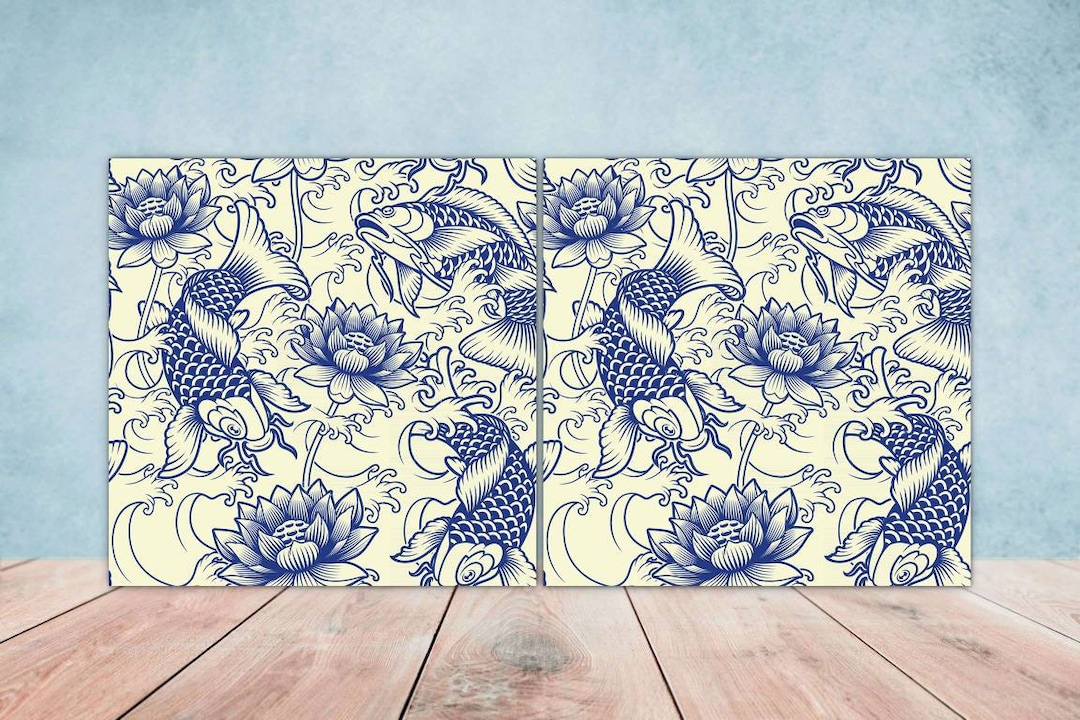 Koi Fish Ceramic Tile Japanese Tiles set of 2 Wall Decor Tiles kitchen ...