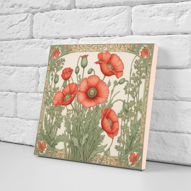 Art Nouveau Poppy Ceramic Tiles: Kitchen & Bath Wall Decor (set of 2 ...