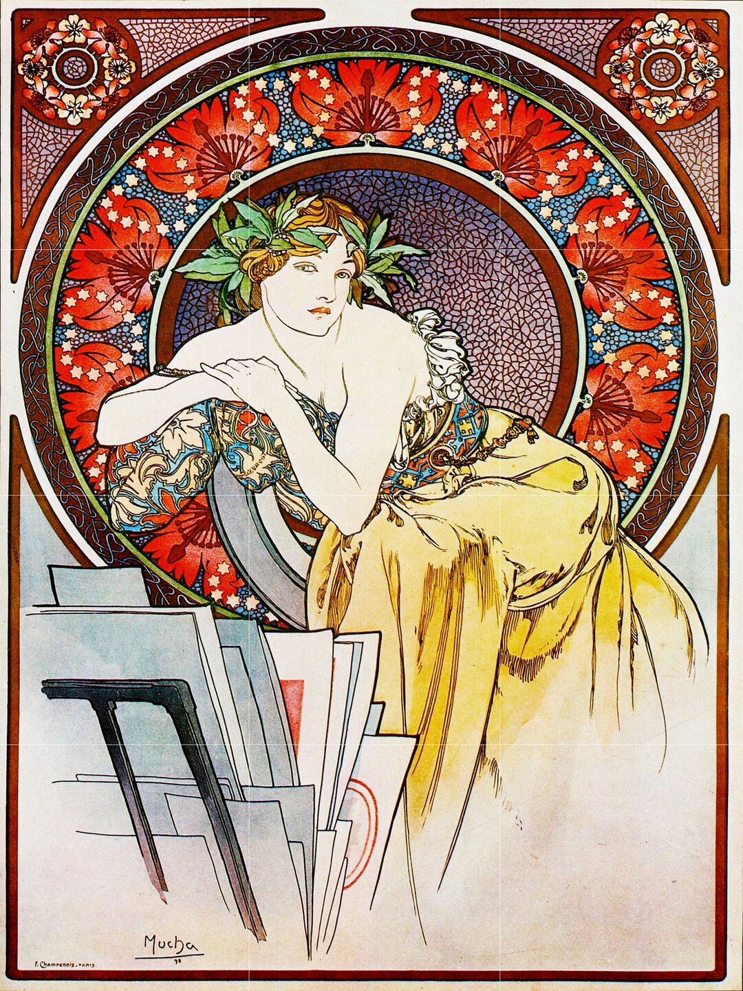 Alphonse Mucha Tile Mural: Art Nouveau Woman With Poppies Ceramic Panel ...