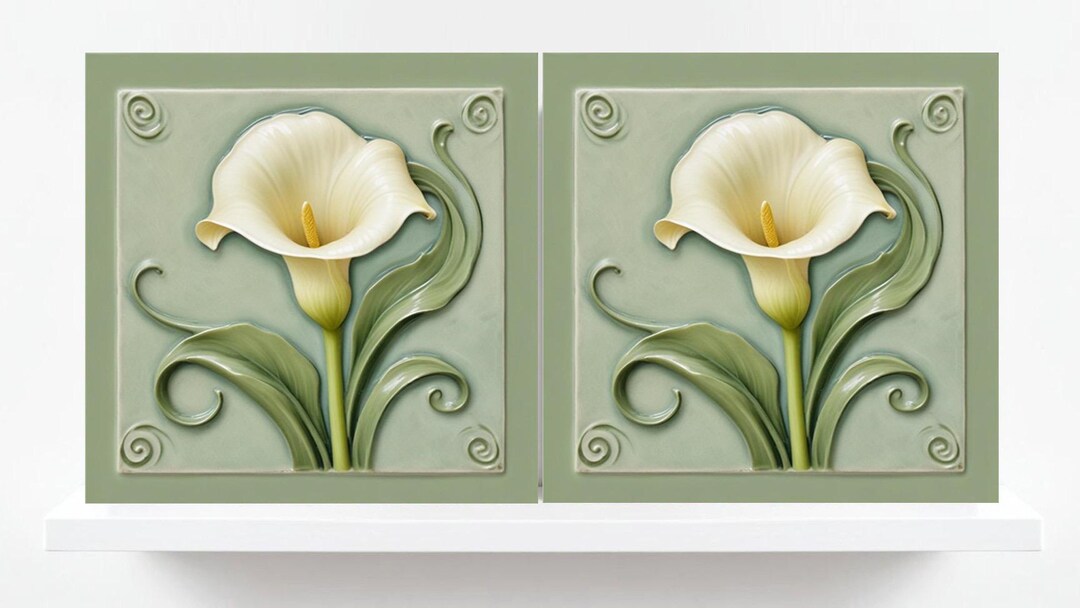 Calla Lily Ceramic Tiles - Green Art Nouveau Floral Art (set of 2) - Etsy