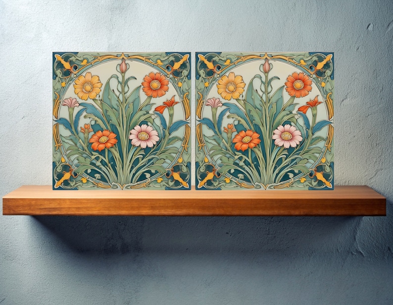 Art Nouveau Flower Ceramic Tiles: Kitchen Backsplash, Set of 2 - Etsy