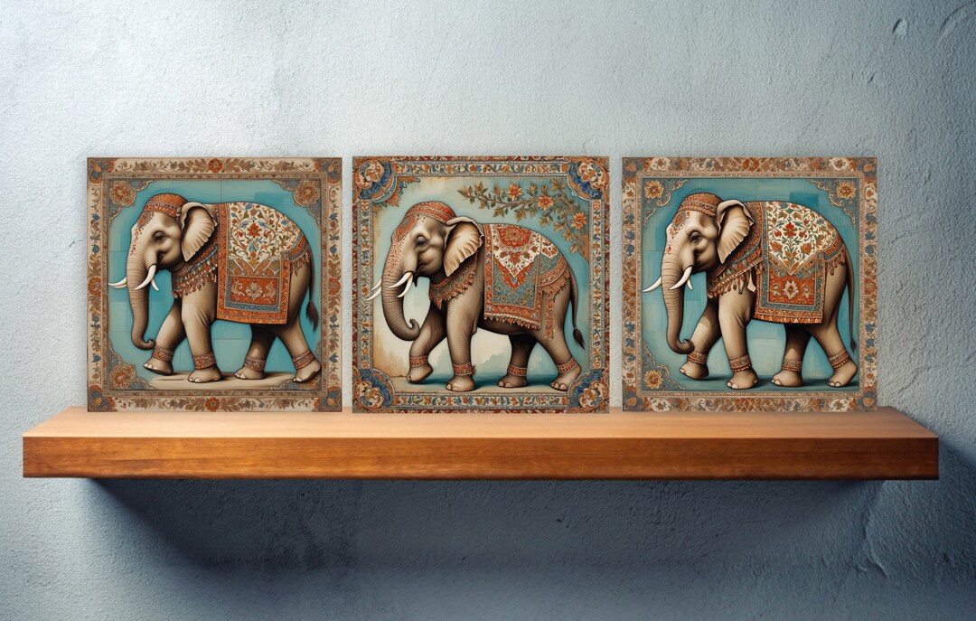 Set of 3 Indian Elephant Ceramic Wall Tiles Gloss Finish Elephant Wall ...