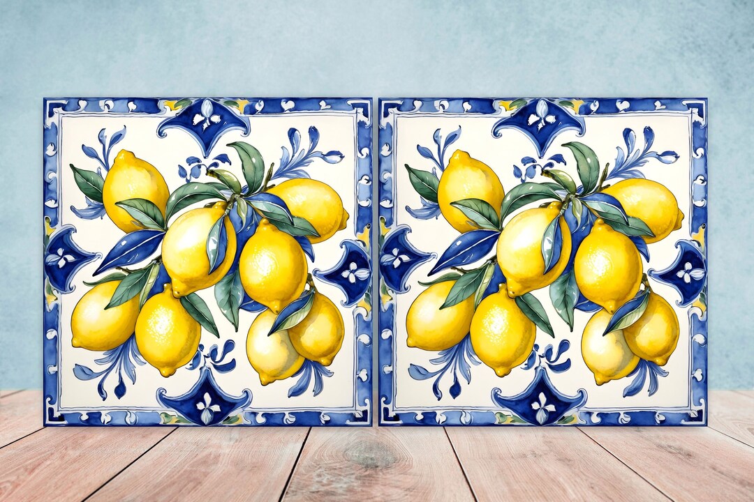 Italian Majolica Lemon Ceramic Tiles: Kitchen & Bath Decor, Set of 2 - Etsy