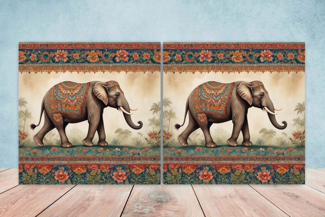 Indian Elephant Ceramic Gloss Wall Tiles Set of 2 - Elephant Wall Art ...