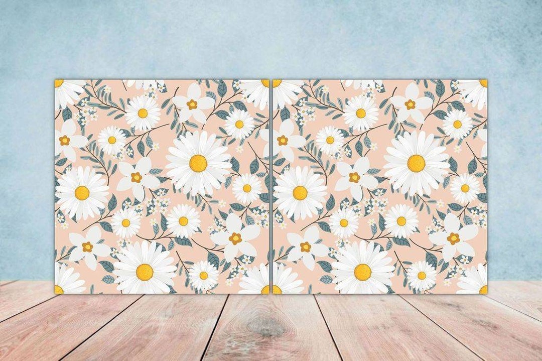 Daisy Floral Ceramic Tiles - Set of 2 Daisy Wall Decor Tiles - Kitchen ...