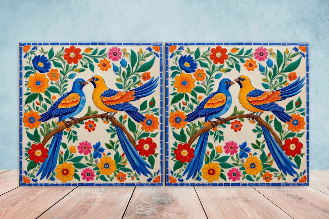 Mexican Ceramic Tiles - Set of 2 Mexican Folk Design Wall Decor Tiles ...