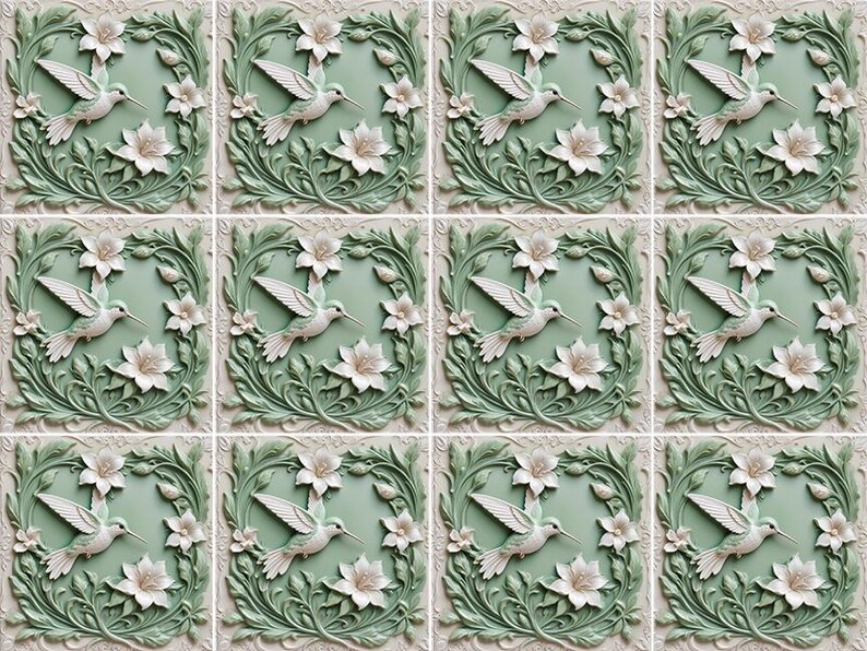 Art Nouveau Hummingbird Ceramic Tiles: Pastel Bird Wall Decor, Set of 2 ...