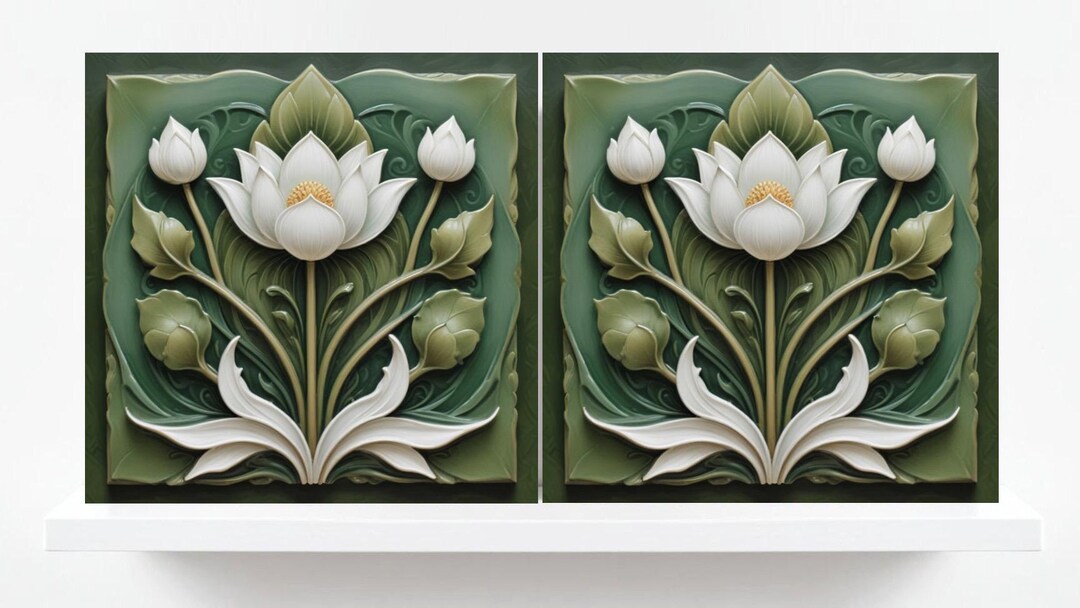 Lotus Tile Green Art Nouveau Tiles Flower Ceramic Tiles -set of 2 ...