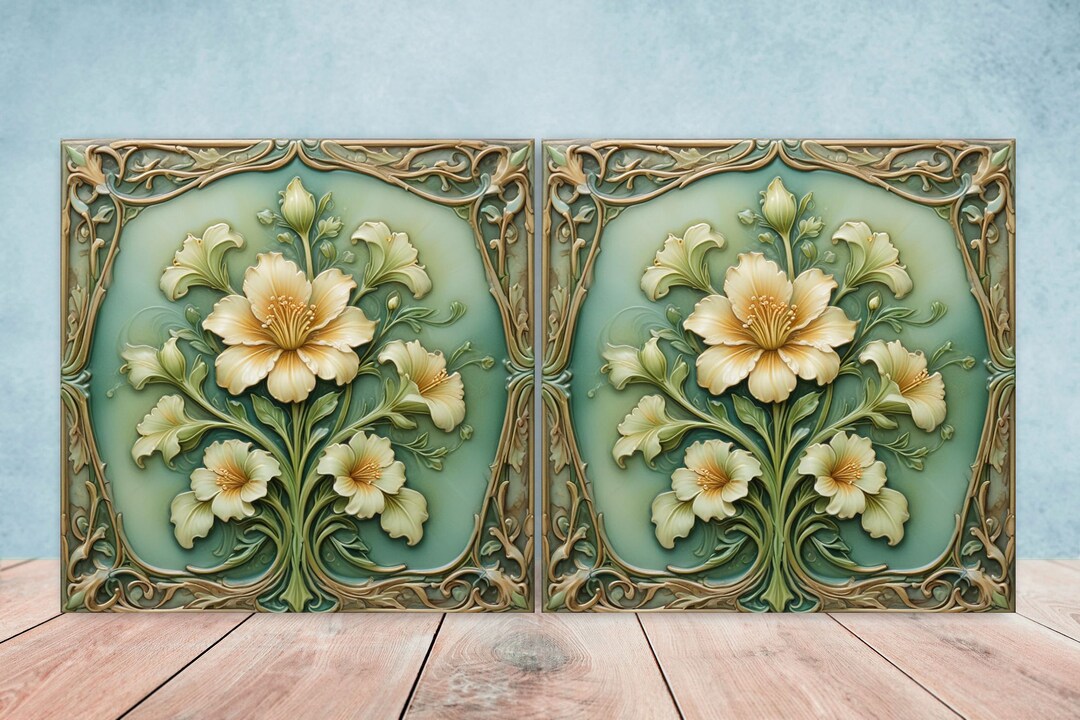 Art Nouveau Flower Ceramic Tiles - Set of 2 Art Nouveau Wall Decor ...