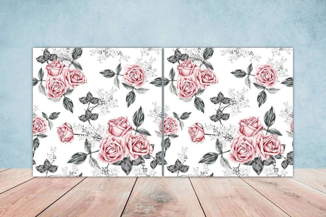 Floral Rose Ceramic Tiles: Kitchen Backsplash, Table Decor - Set of 2 ...