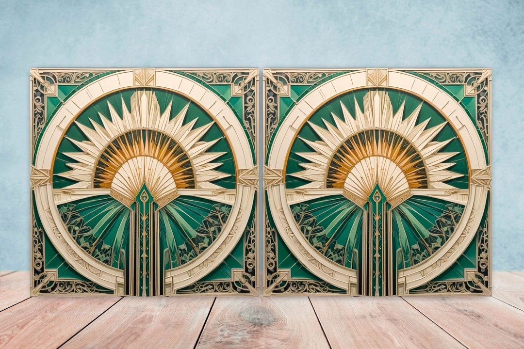 Art Deco Ceramic Tiles Set of 2 Art Deco Wall Decor Geometric Tiles ...