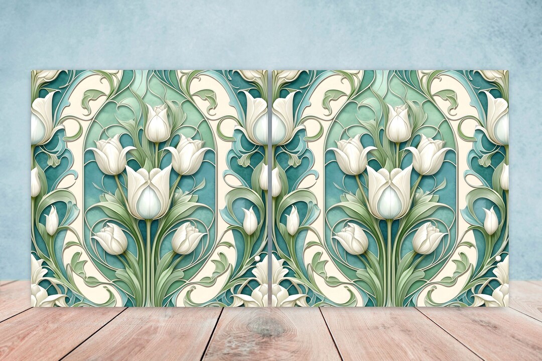 Art Nouveau Tulip Ceramic Tiles: Floral Wall Decor, Set of 2 - Etsy