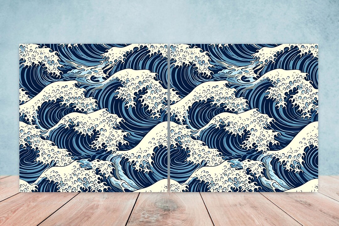 Japanese Wave Ceramic Tiles - Set of 2 Japan Wall Decor Tiles - Kitchen ...
