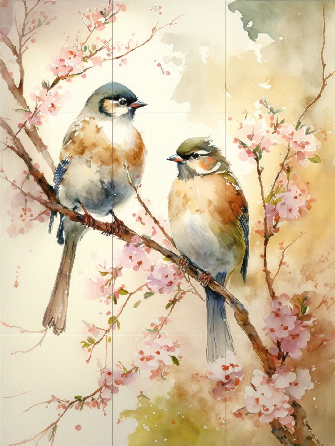 Tile Mural/mosaic Ceramic Panel of Blue Tit Bird and Watercolour Flower ...