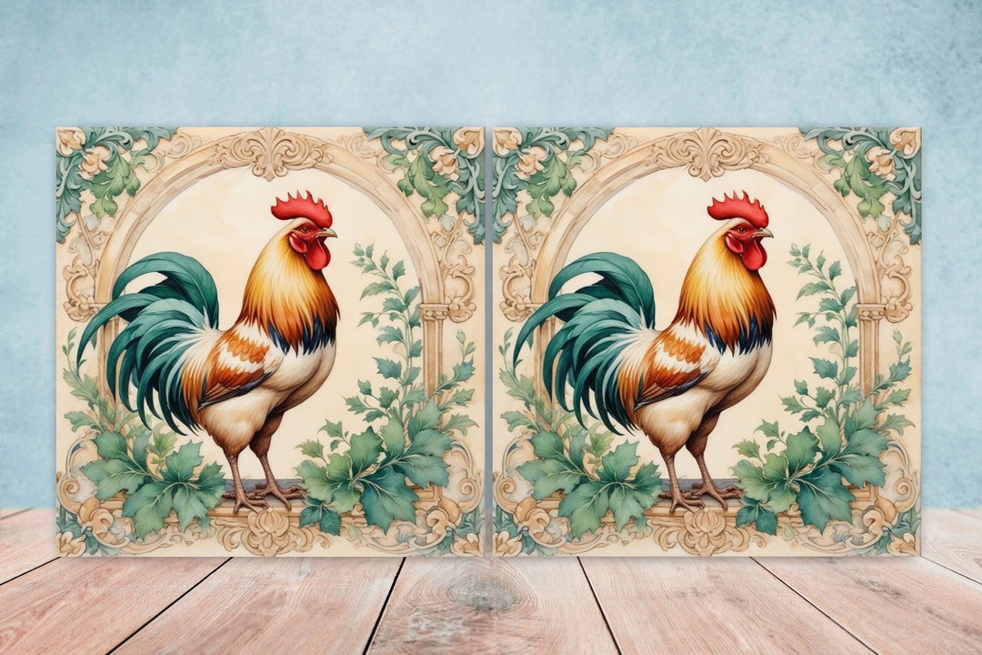 Art Nouveau Rooster Ceramic Tiles: Kitchen & Bathroom Decor, Set of 2 ...