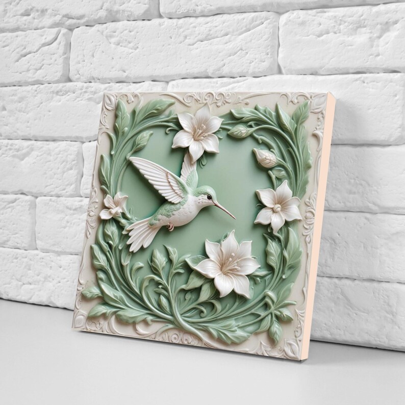 Art Nouveau Hummingbird Ceramic Tiles: Pastel Bird Wall Decor, Set of 2 ...