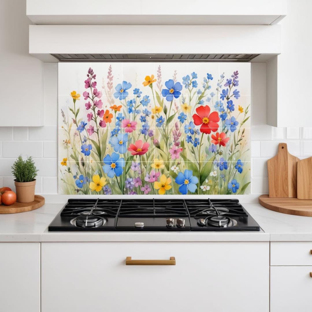 Wildflower Meadow Flower Tile Mural – Watercolor Ceramic Botanical ...
