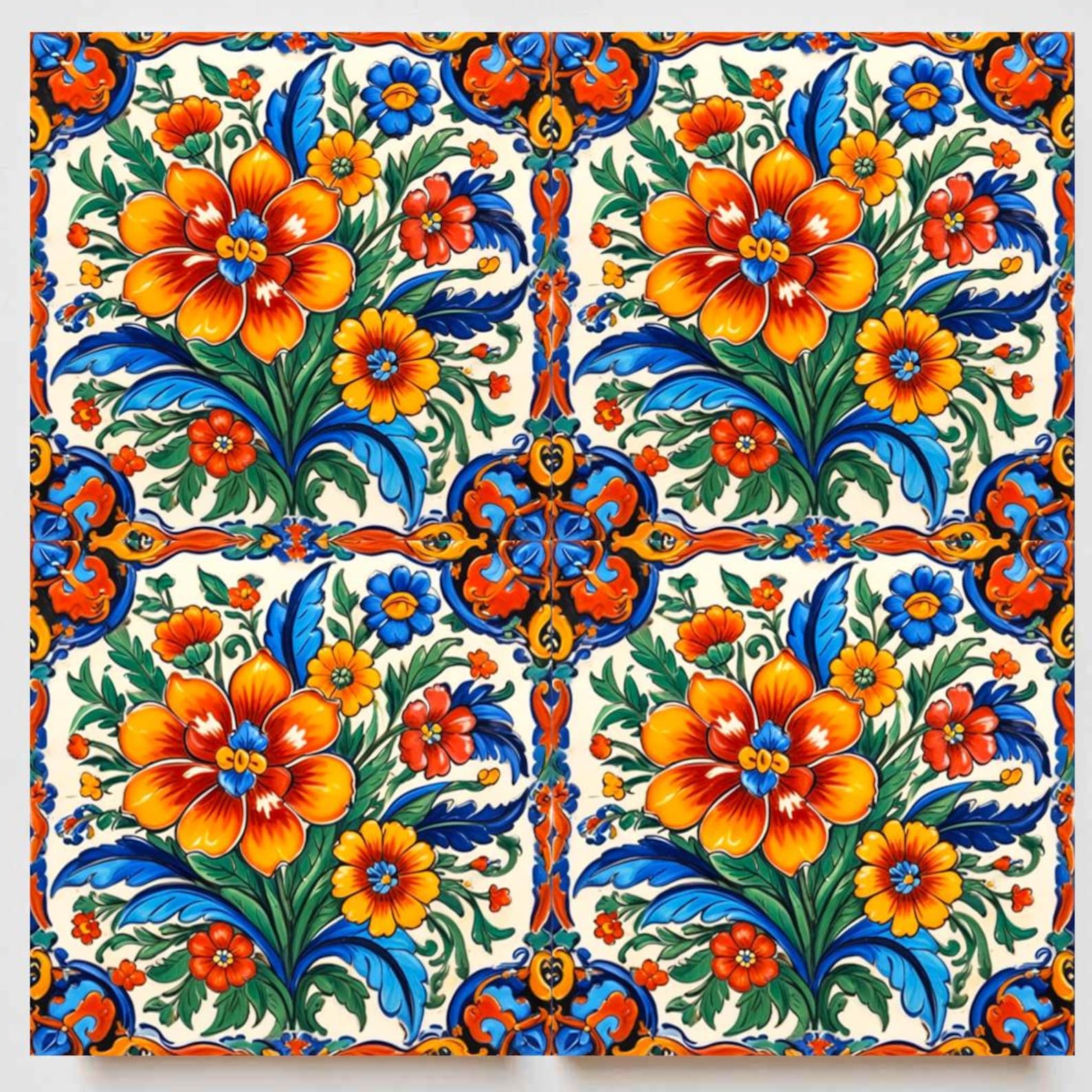 Mexican Floral Ceramic Tiles - Folk Art Kitchen Backsplash, Bath Home ...