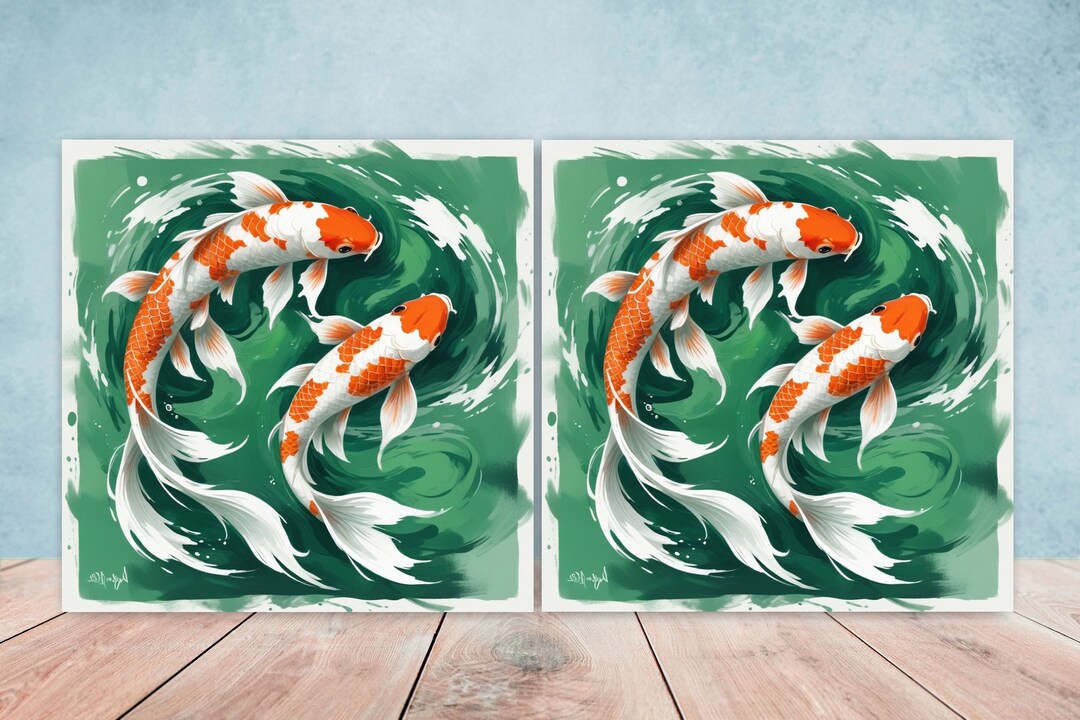 Koi Fish Ceramic Tile - Japanese Tiles -set of 2 Wall Decor Tiles ...