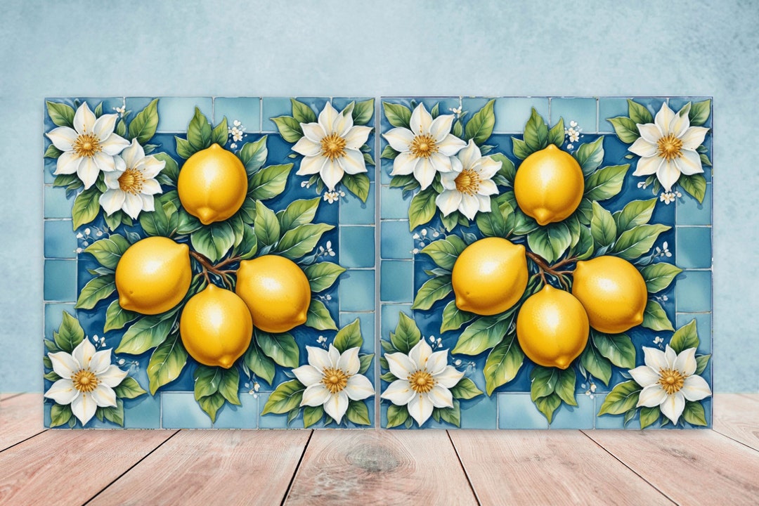Italian Majolica Lemon Tiles Set of 2 Italian Wall Decor Tiles Kitchen ...