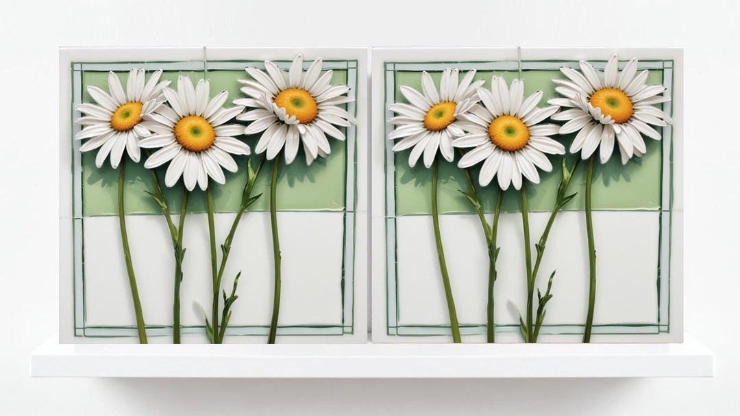 Floral Daisy Tiles Flowers Design - Set of 2 Flower Wall Decor Tiles ...