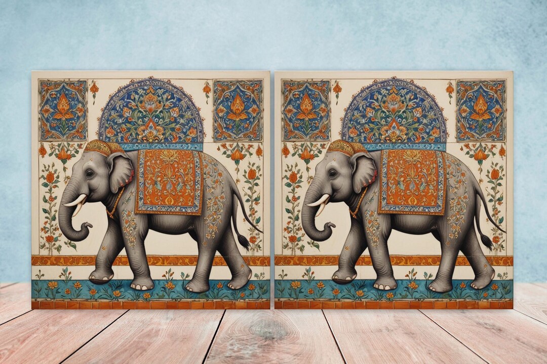 Indian Elephant Ceramic Gloss Wall Tiles Set of 2 - Elephant Wall Art ...