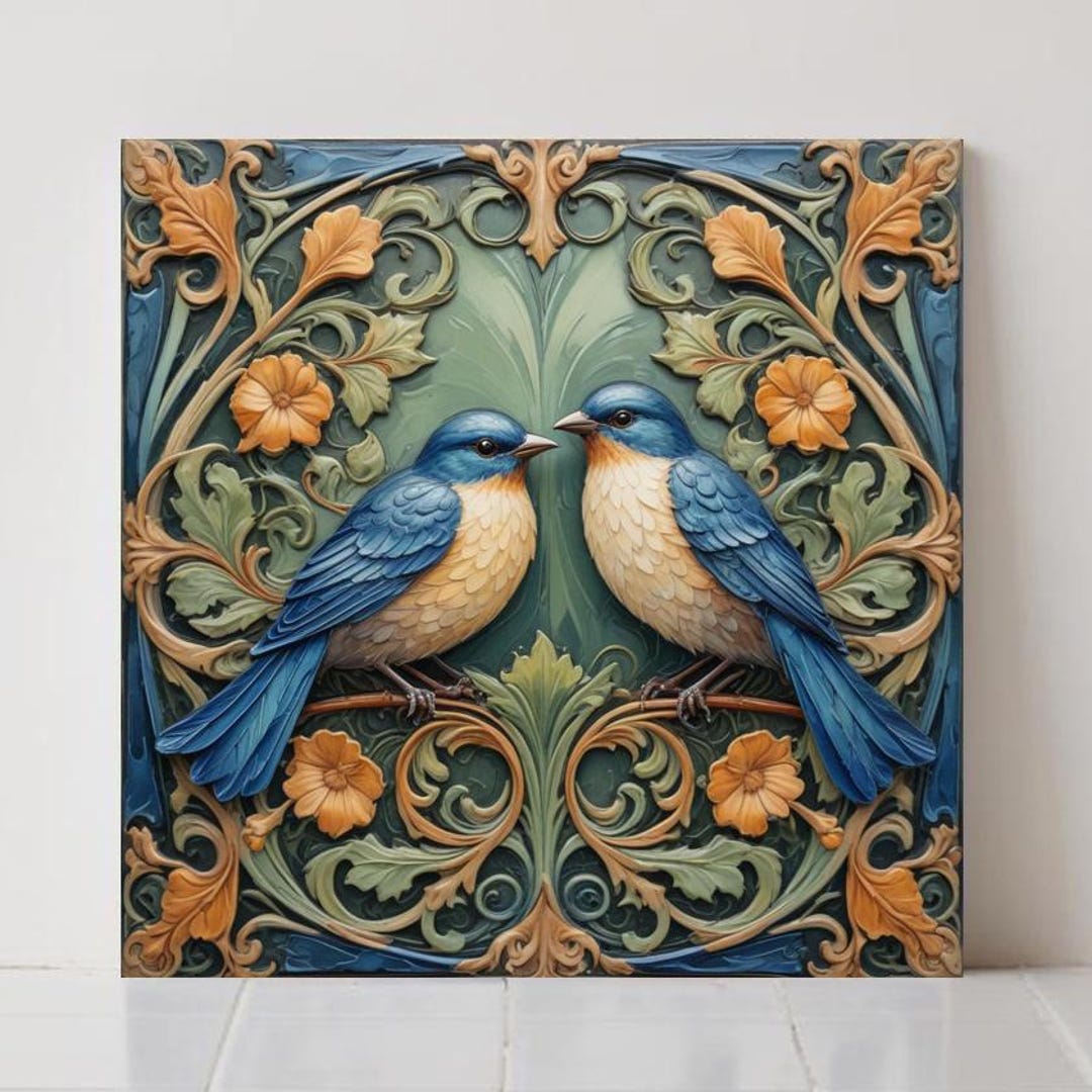 Art Nouveau Bird and Flower Ceramic Tiles Botanical Wall Art - Set of 2 ...