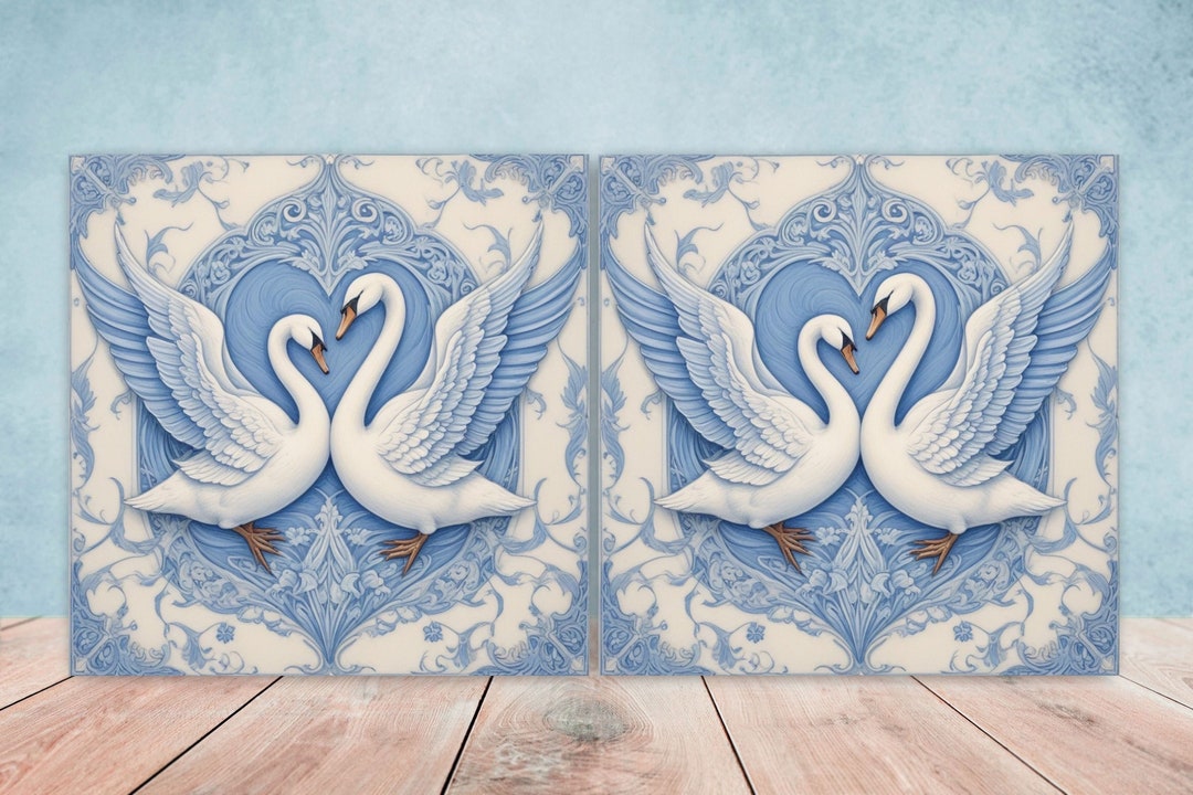 Art Nouveau Swan Ceramic Tiles Set of 2 Art Nouveau Bird Wall Decor ...