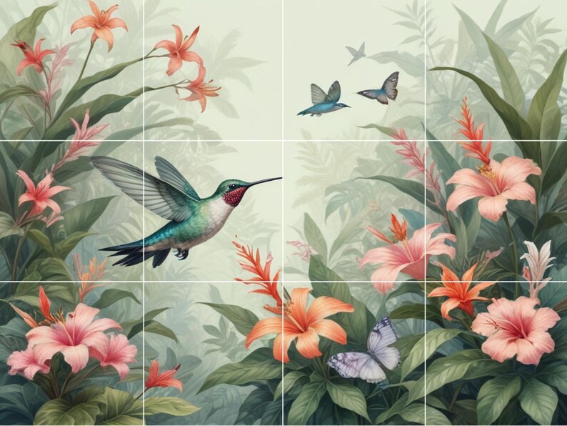 Hummingbird Hibiscus Bird Tile Mural – Tropical Kitchen Backsplash ...